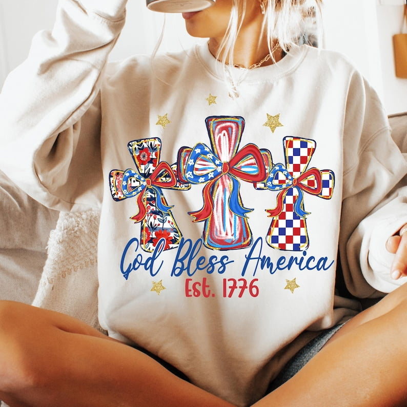 Preppy God Bless America Sweatshirt, Girly Coquette USA Cross and Bow ...
