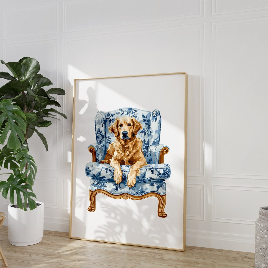 Preppy Golden Retriever Art Print, Chinoiserie Aesthetic Dog Print ...
