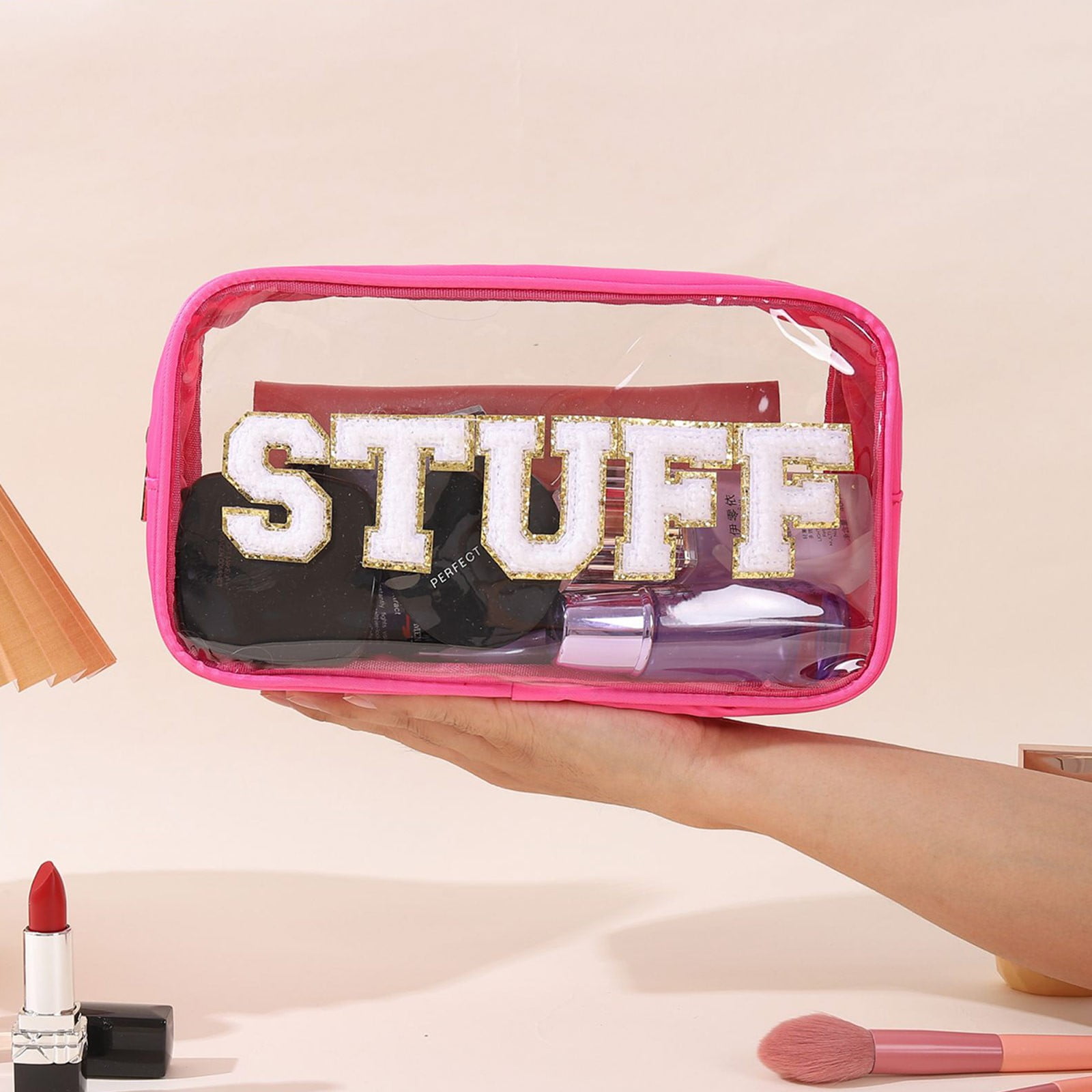 Preppy Patch Stuff Makeup Bag Chenille Letter Cosmetic Bag for Women ...