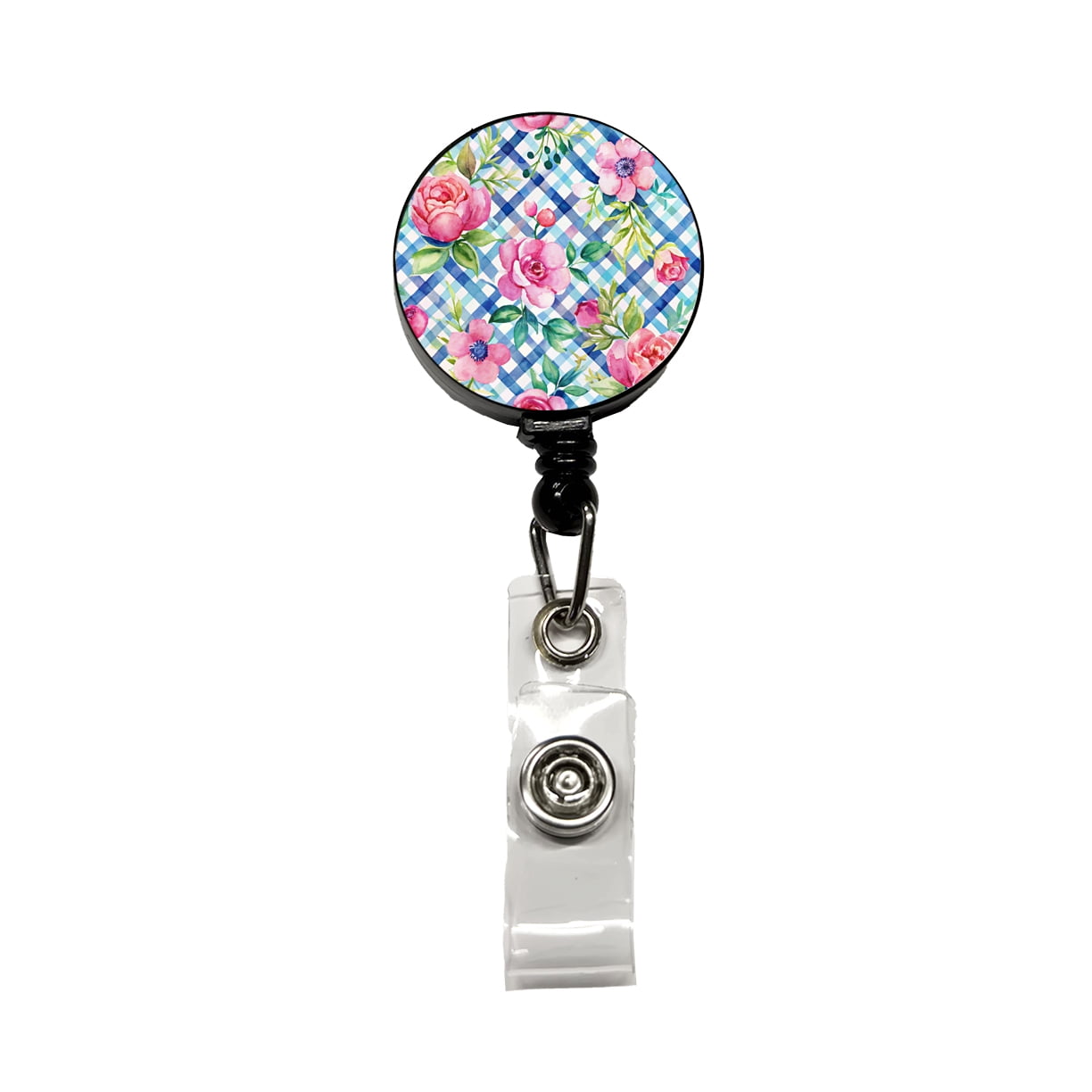 Preppy Pink Flowers Blue Gingham Plaid Retractable Reel ID Badge Key ...