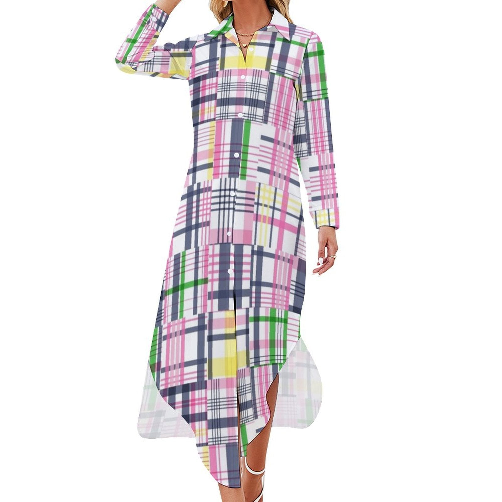 Preppy Pink Patchwork Madras Long Sleeved Shirt Dress women's luxury ...