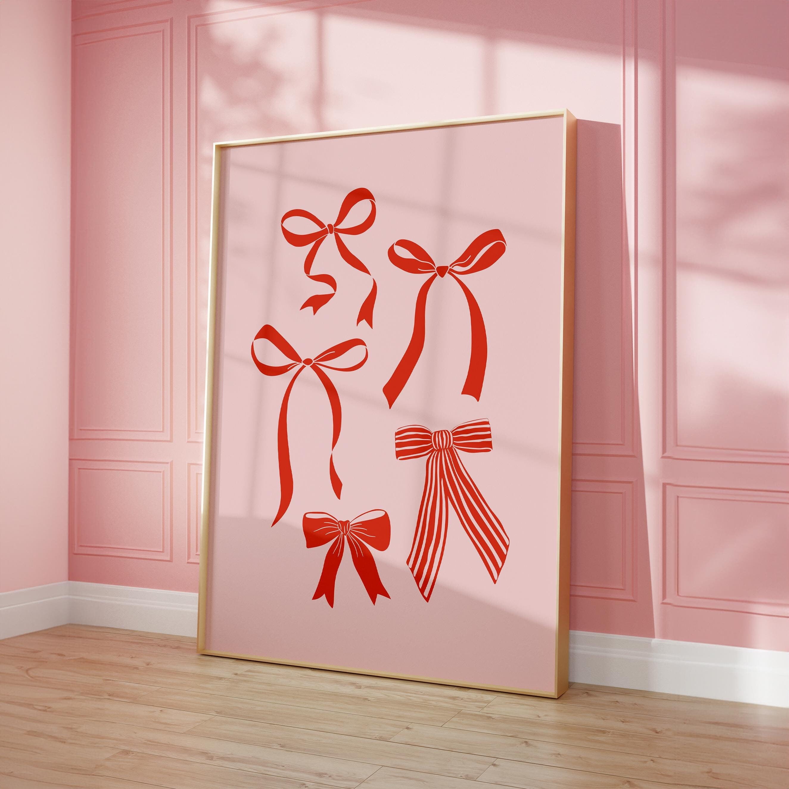 Preppy Pink & Red Bow Coquette Room Art – Cute Girly Pastel Wall Decor ...