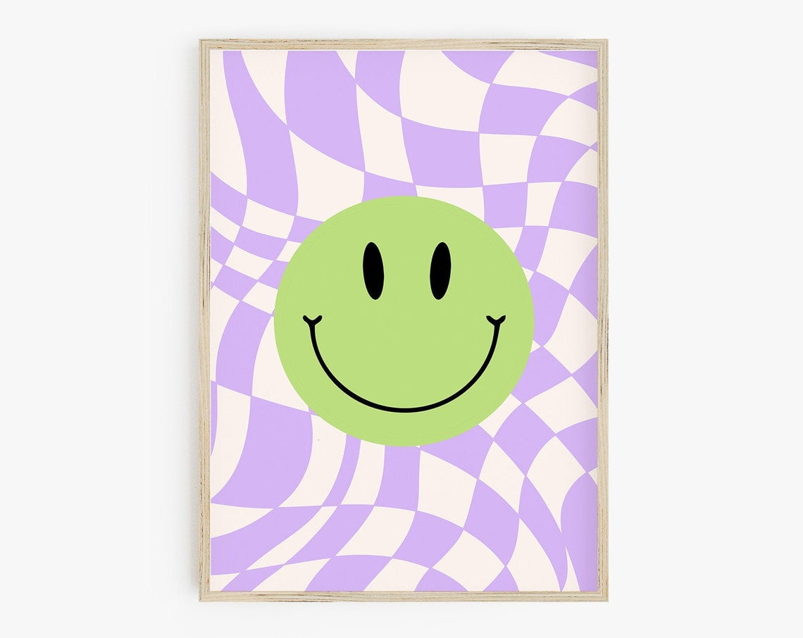 Preppy Room Wall Art, Retro Smiley Face Print, Abstract Checkerboard ...