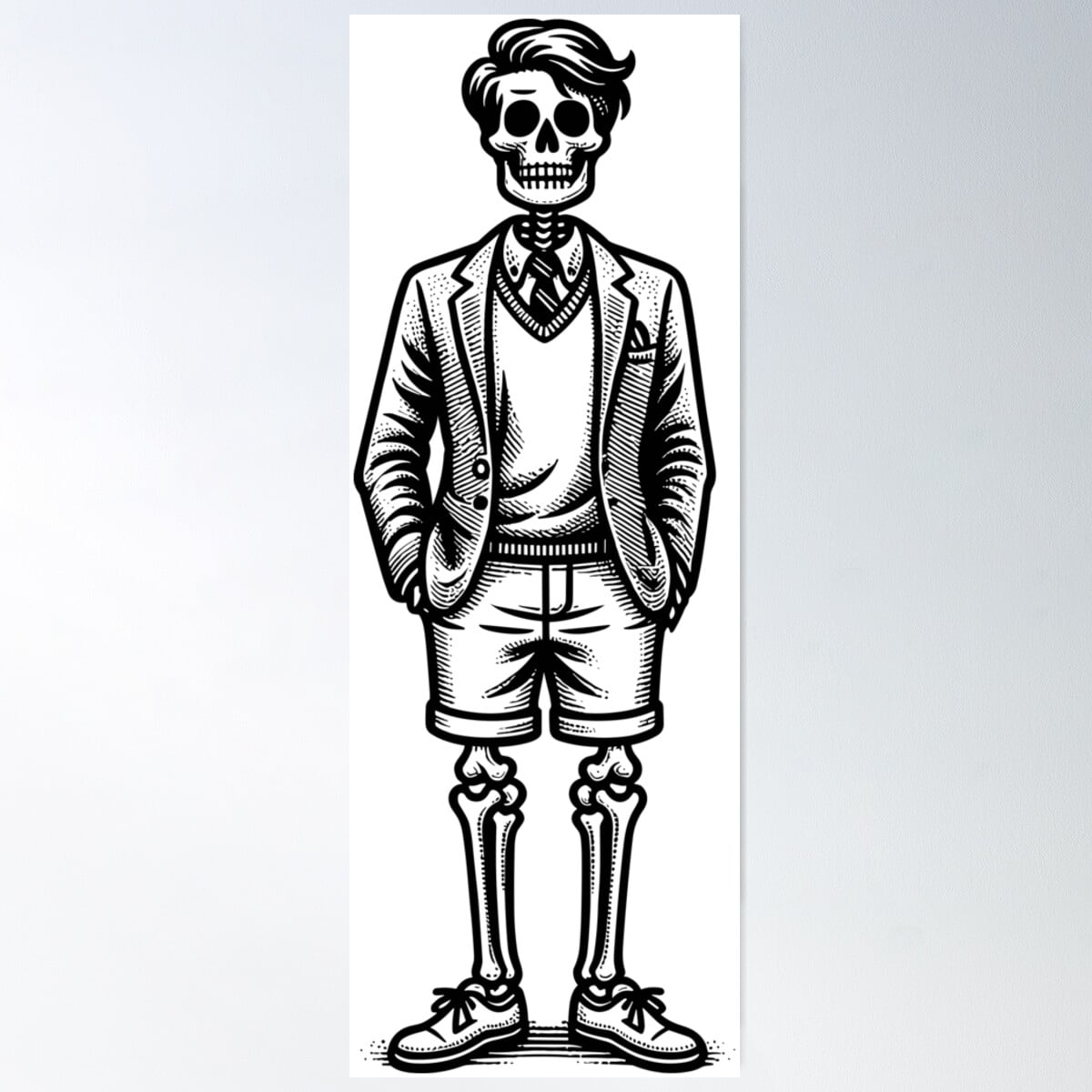 Preppy Skeleton - Black And White Line Drawing Poster Wall Art, Modern ...