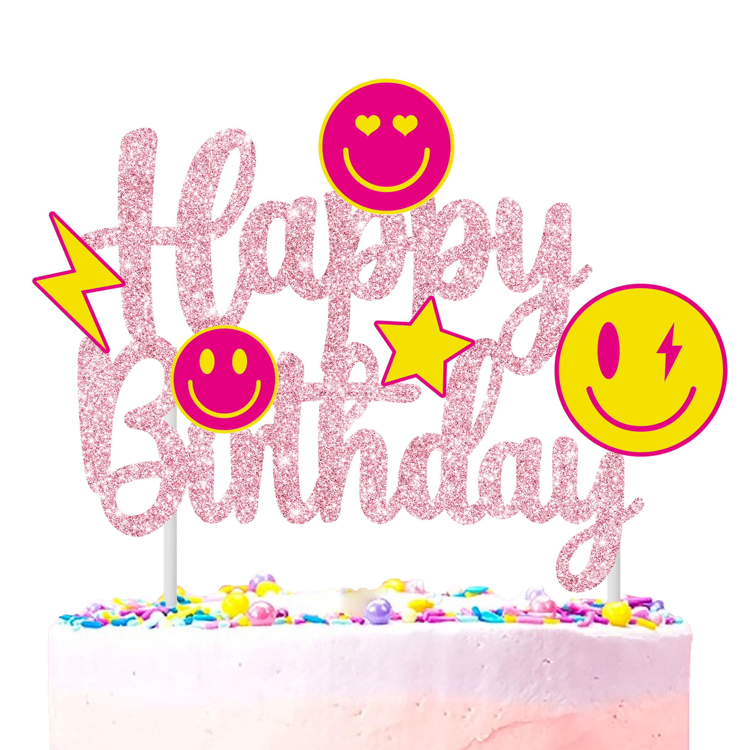 Preppy Smile Face Happy STF9 Birthday Cake Topper - Pink Preppy Party ...