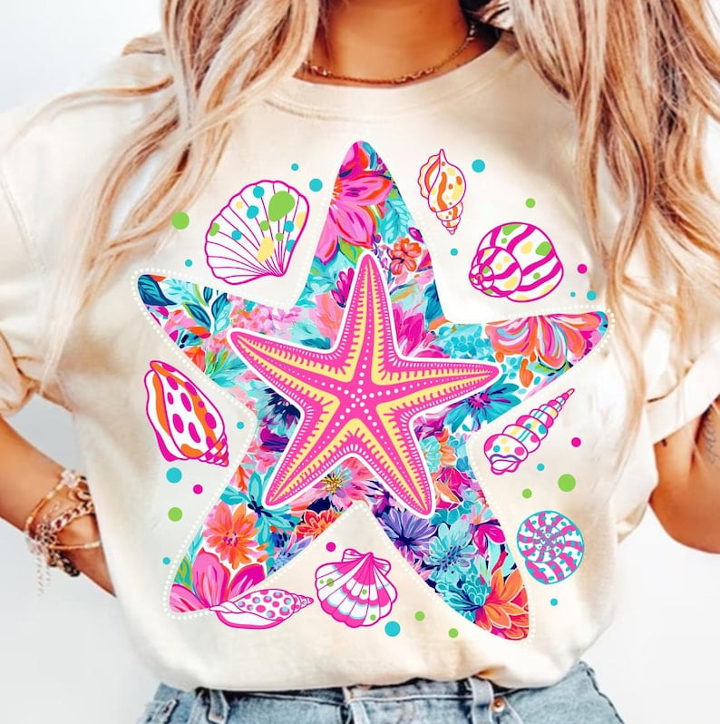 Preppy Starfish Shirt, Summer Vibes Tee, Retro Floral Summer Shirt ...