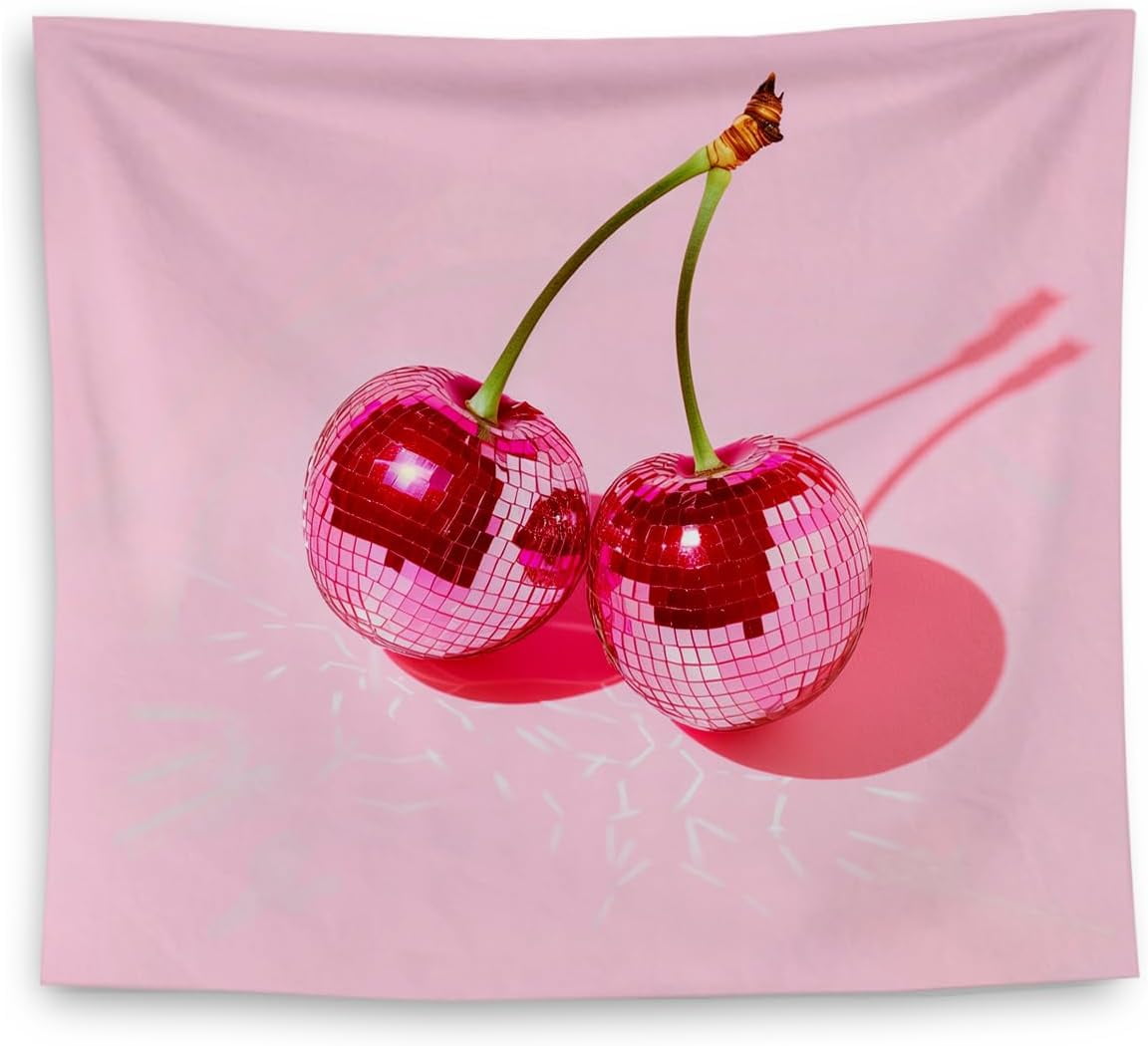 Preppy Tapestry, Hot Pink Cherry Disco Ball Aesthetic Tapestry Wall ...