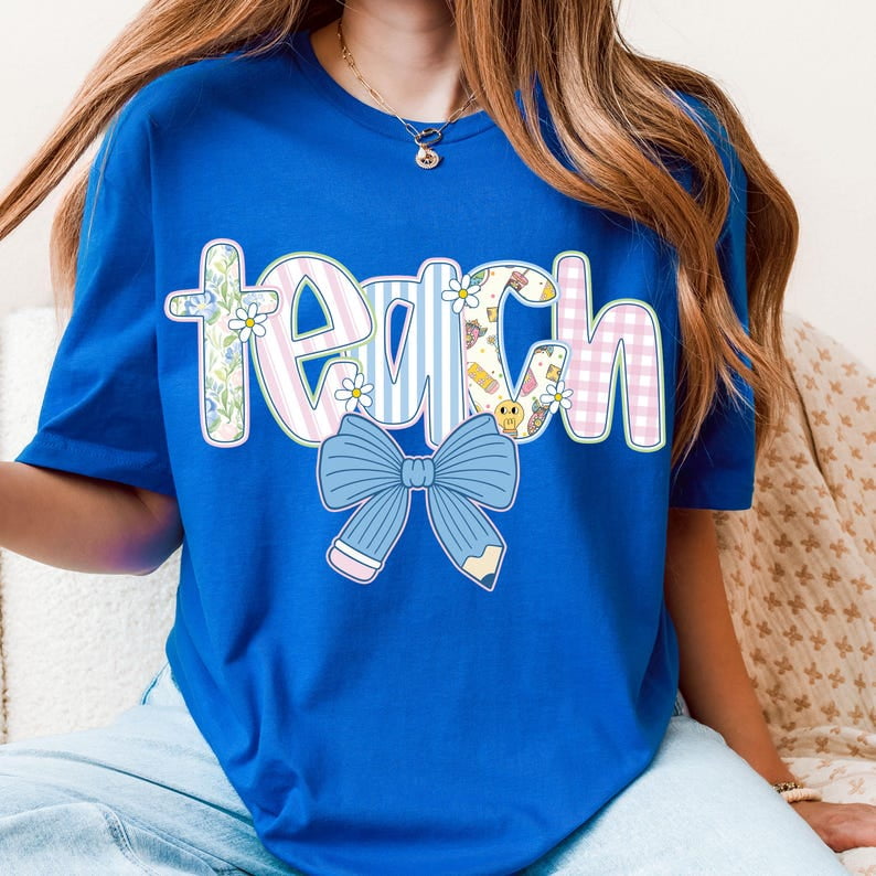 Preppy Teacher Floral Coquette T-Shirt, Teach Blue Floral Shirt, Custom ...