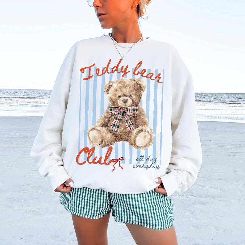 Preppy Teddy Bear Graphic Sweatshirt Plaid Bow Stuffed Bear Old Money ...