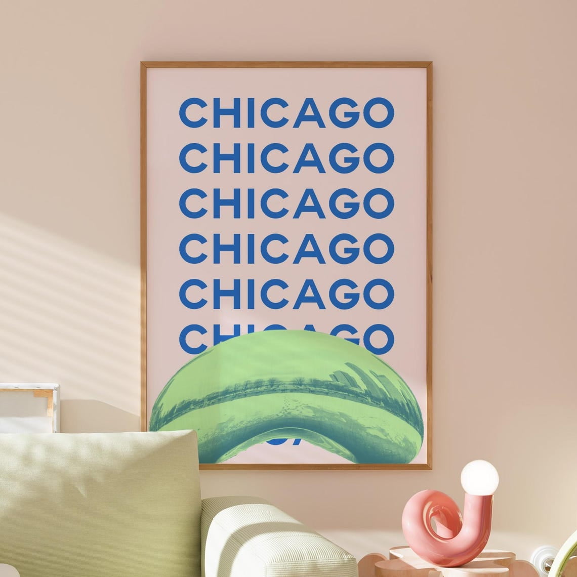 Preppy Travel, Chicago Travel Print Digital Art Blue Green Cloud Gate ...
