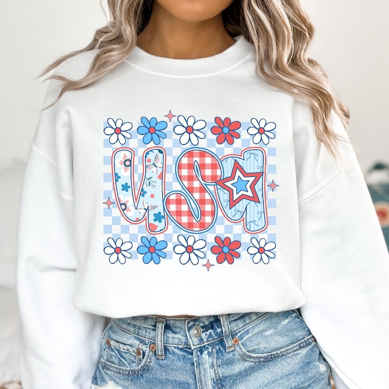 Preppy USA Coquette Sweatshirt, Girly Red White and Blue Bow Shirt ...