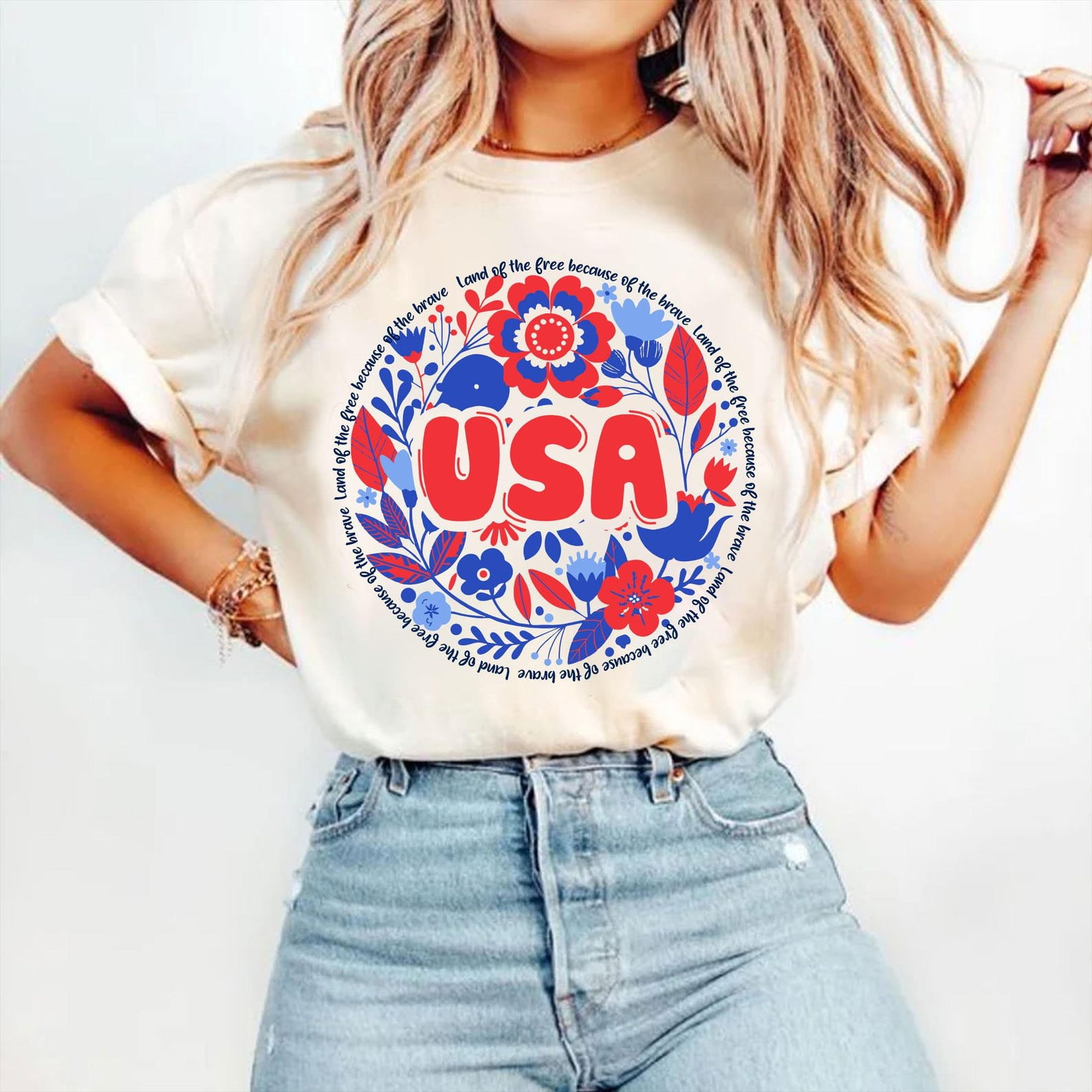 Preppy USA T-Shirt, Land of the Free Tee with Floral America , Boho ...