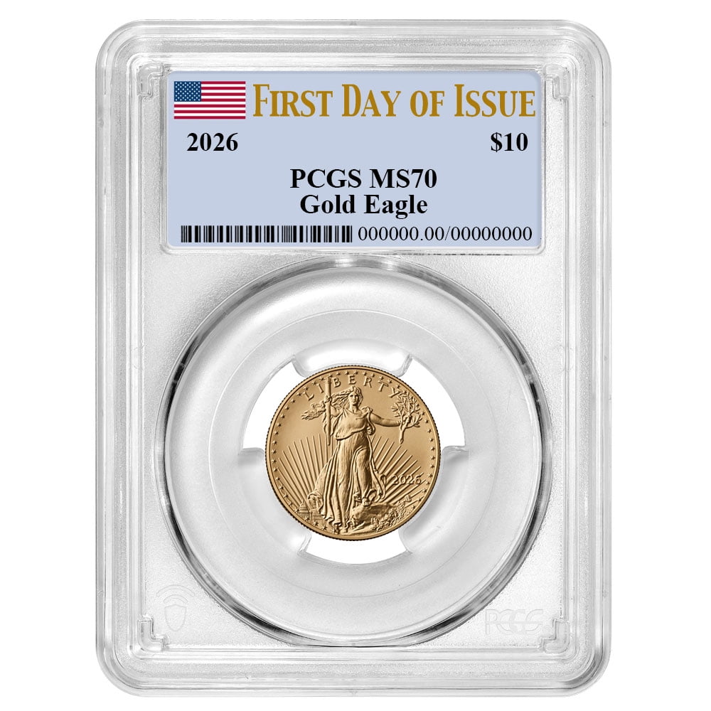Presale - 2026 $10 American Gold Eagle 1/4 oz PCGS MS70 FDOI Flag Label ...