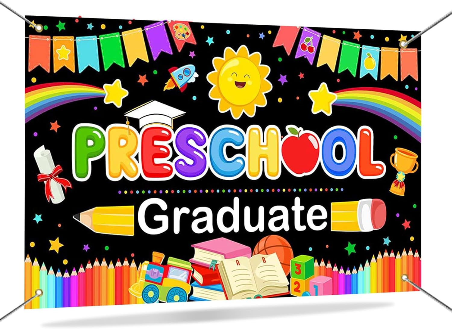 Preschool Congratulation Banner Kids Rainbow Pencil Kindergarten ...