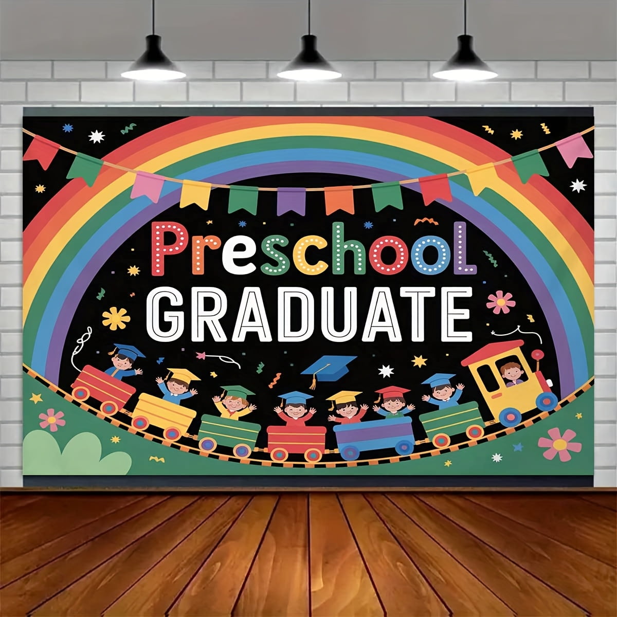 Preschool Graduation Rainbow Backdrop Colorful Train Graduate Black ...