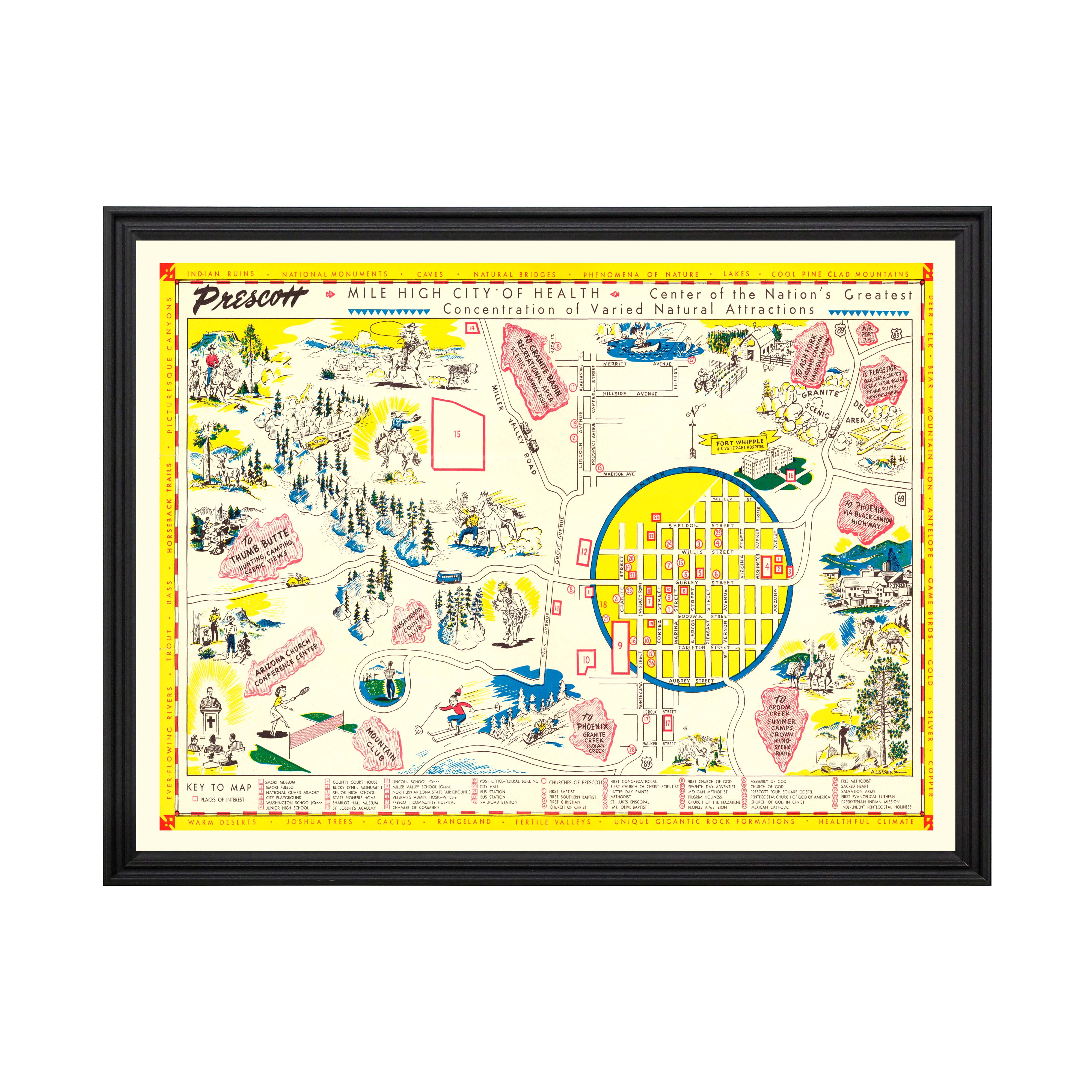 Prescott Art, 1950 Vintage Map of Prescott Arizona, AZ History Wall ...