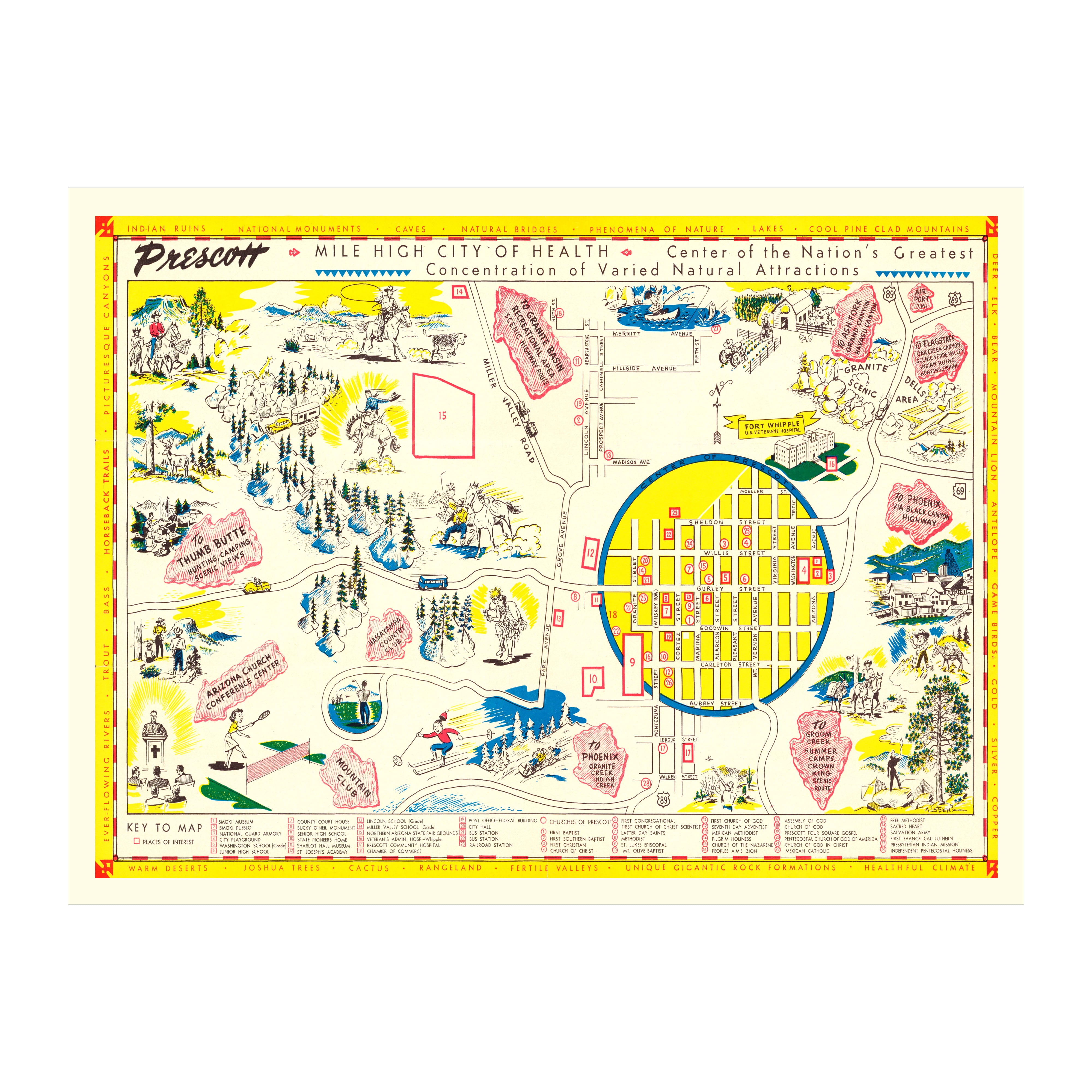 Prescott Art, 1950 Vintage Map of Prescott Arizona, AZ History Wall ...