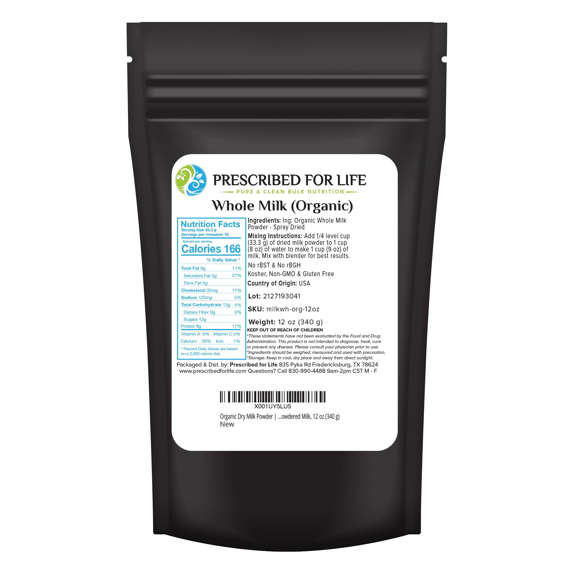 Prescribed For Life Organic Dry Milk COC1Powder, USDA Grade A Whole ...