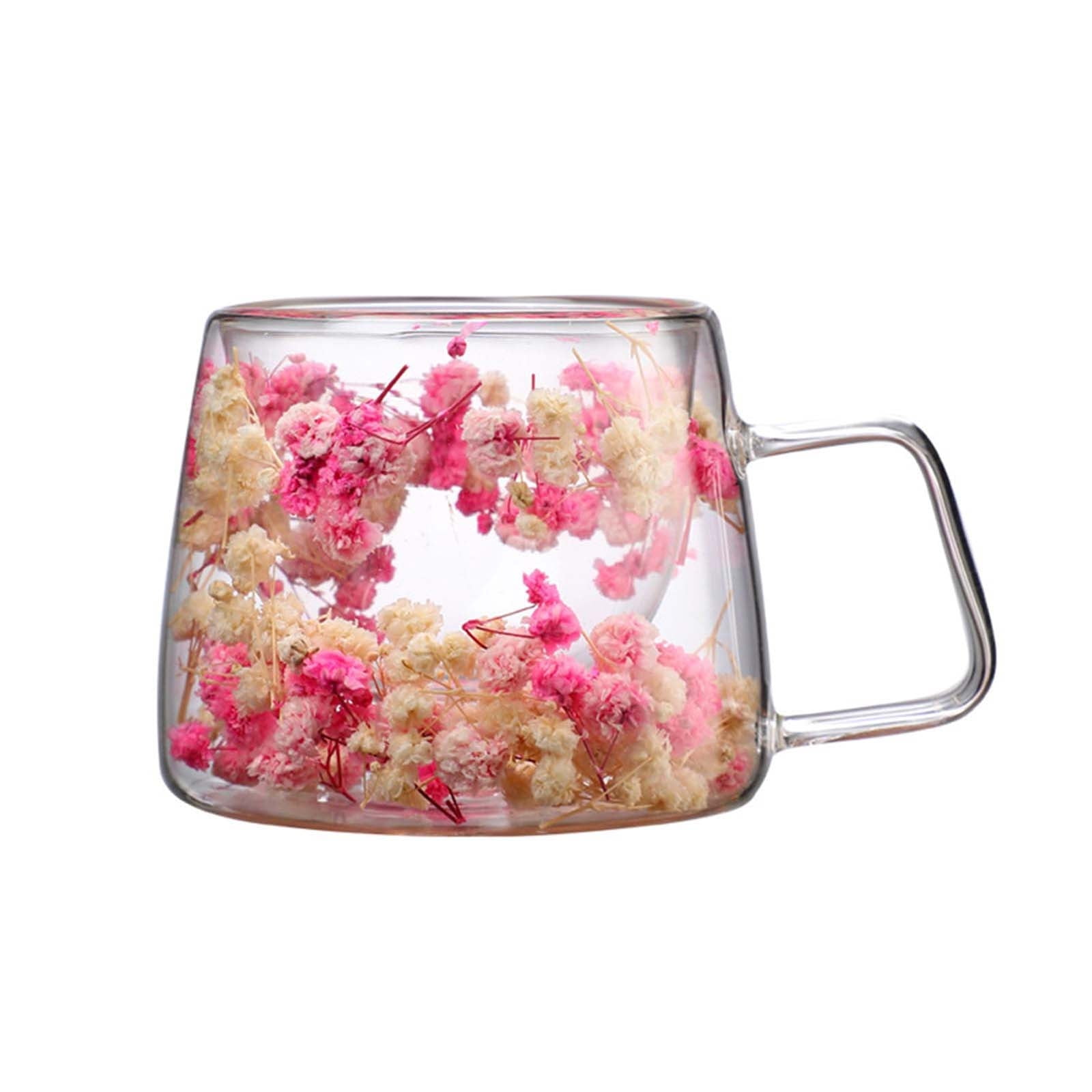 Preserved Flower Glass Mug | Double-Wall Insulated Clear Cup with Real ...