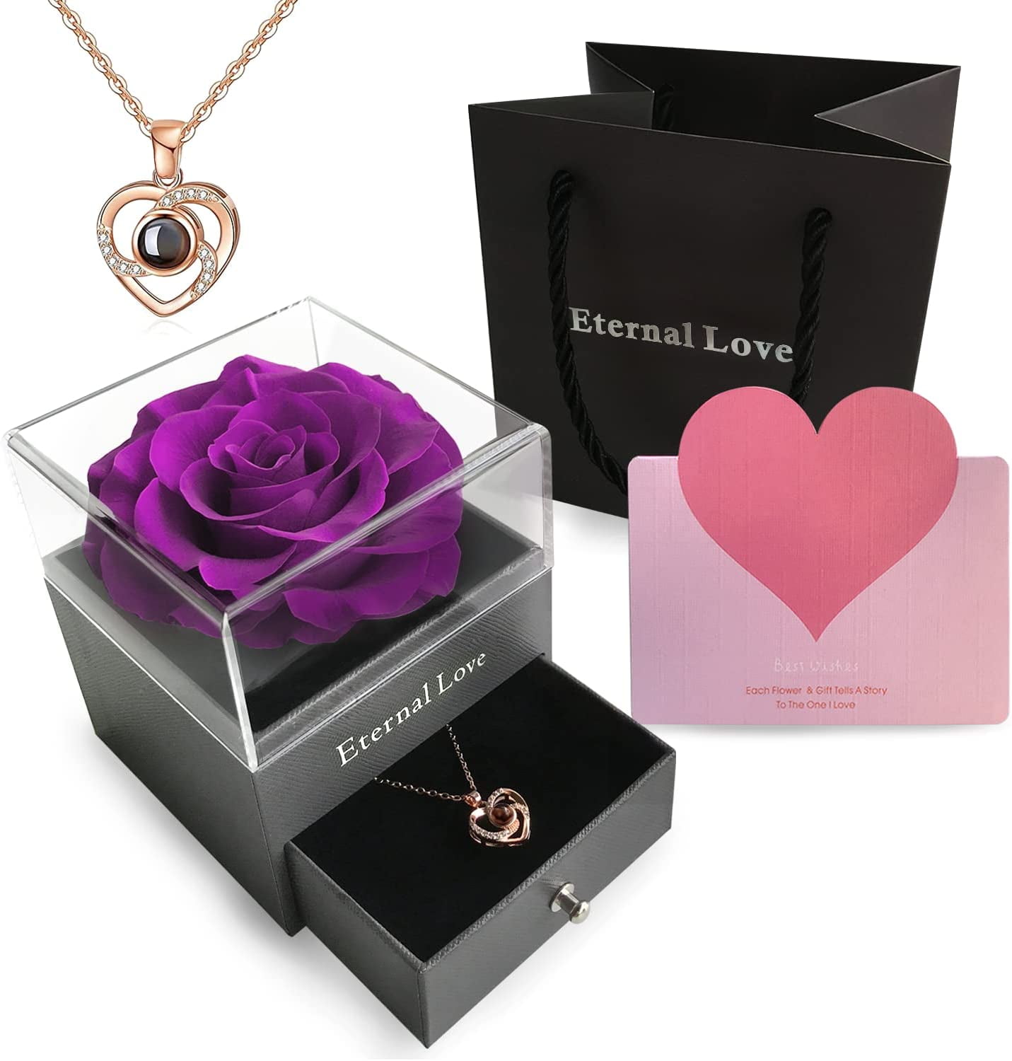 Preserved Flower Rose with Love You Necklace in 100 Languages Gift for ...