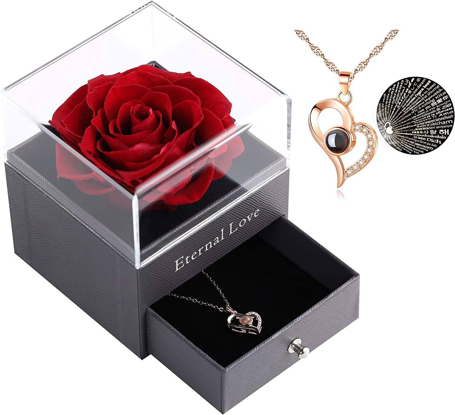 Preserved Real Red Rose with Heart Love You Necklace in 100 Languages ...