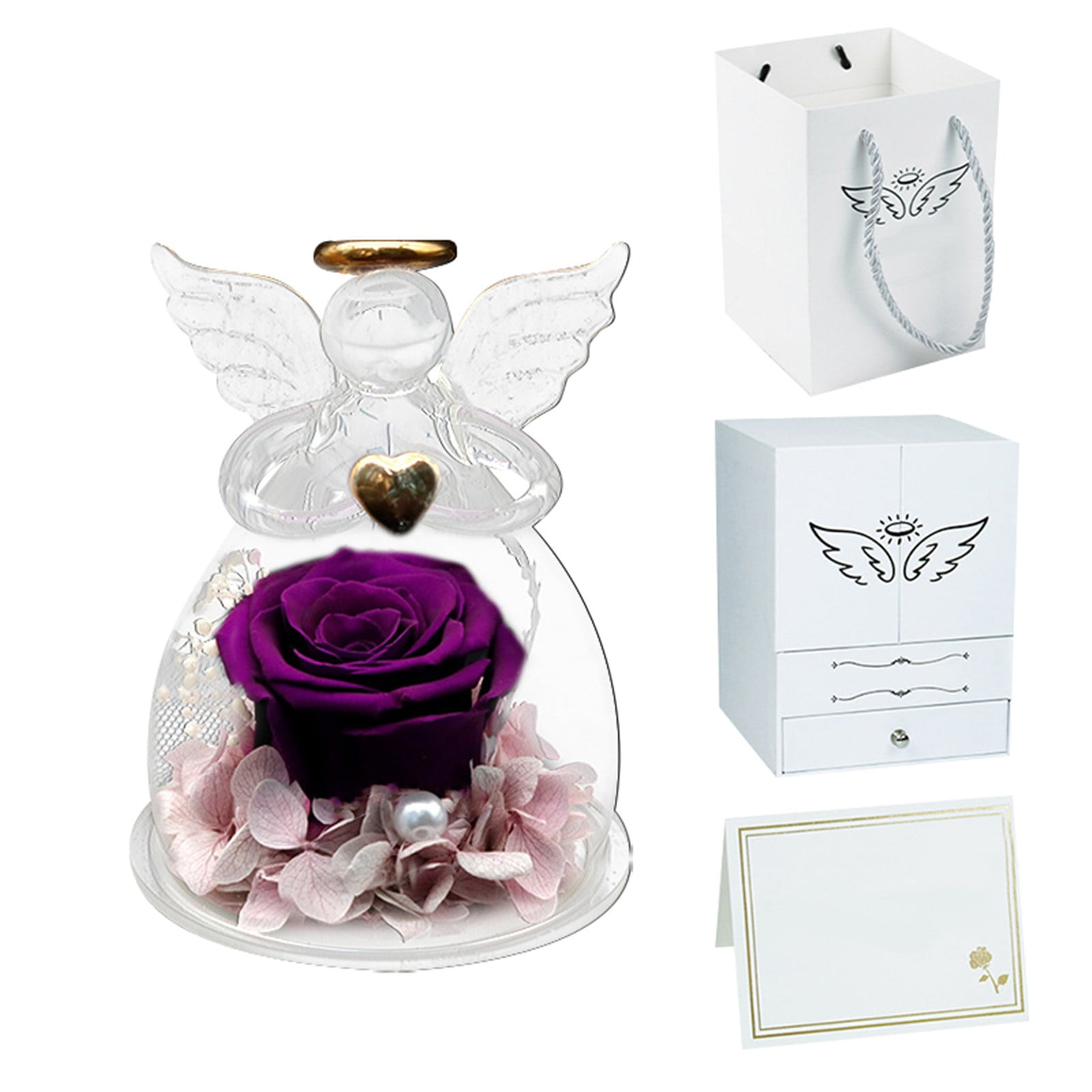 Preserved Real Rose in Glass Dome, Angel Gift Box with Card & Bag, 3-5 ...