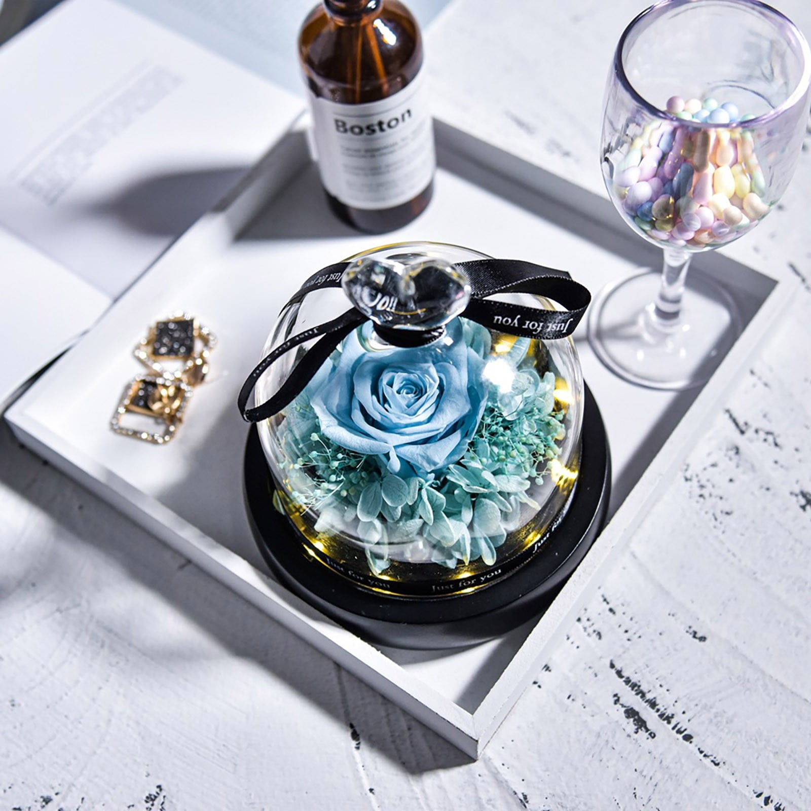 Preserved Real Rose With LED Light, Rose Heart Glass Dome Decor ...