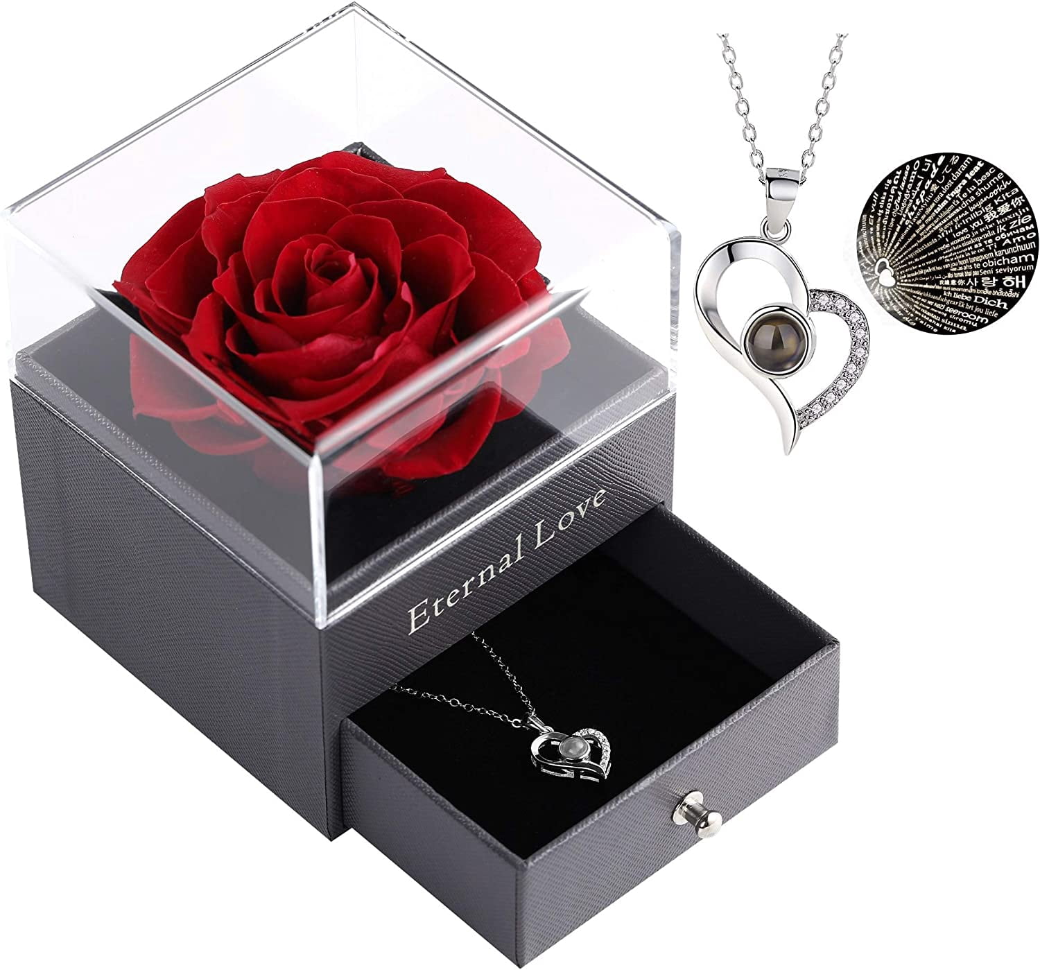 Preserved Red Real Rose Drawer with I Love You Necklace 100 Languages ...