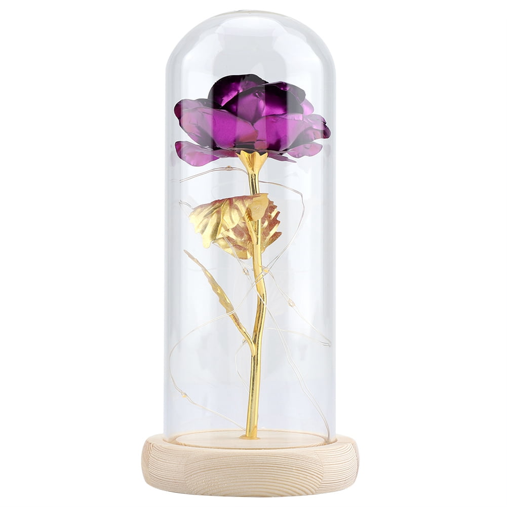 Preserved Rose Flower Led Light with Glass Lid and Wooden Base, Dome ...