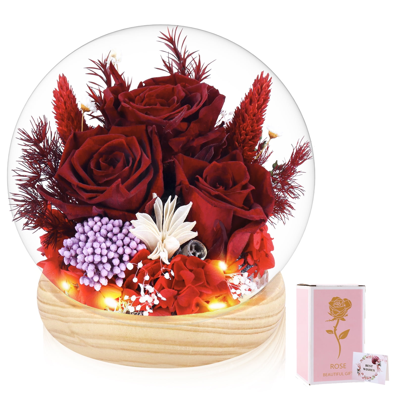 Preserved Rose Flowers for Women Mom Wife Grandma, Fresh Flowers Bouquet in Glass Dome with LED ...