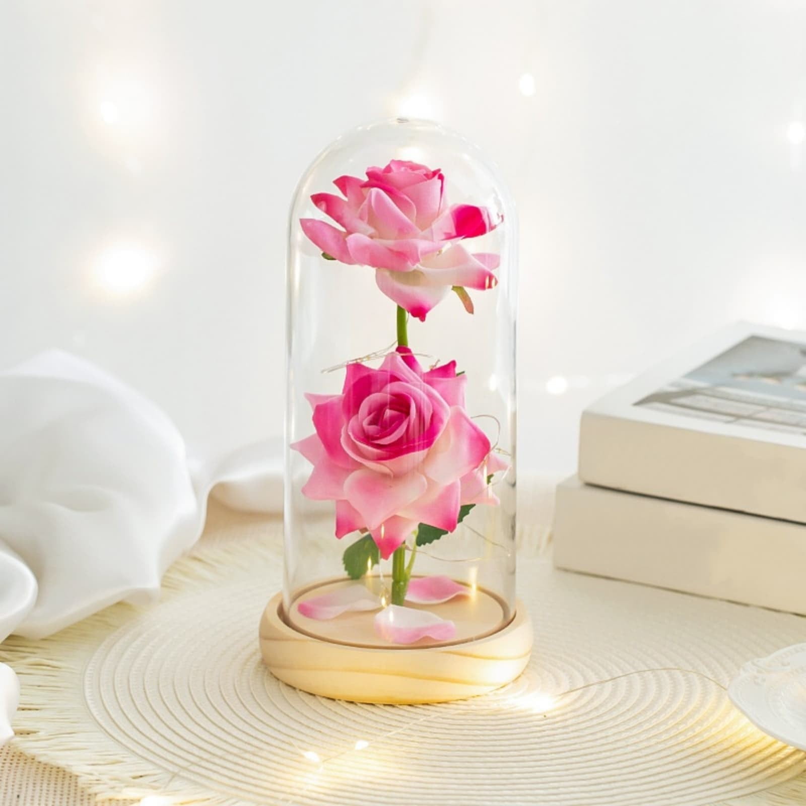 Preserved Rose Night Light in Glass / Dome - LED Light Up Eternal Rose ...