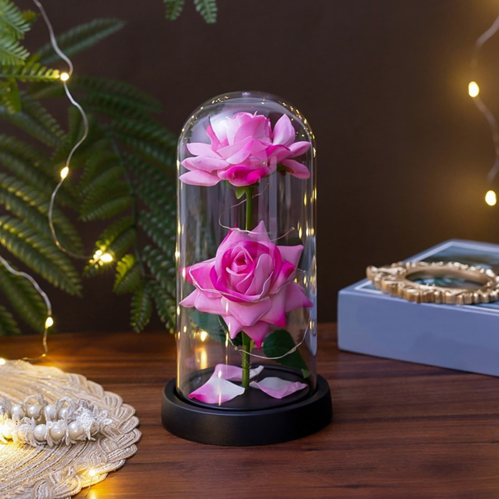 Preserved Rose Night Light in Glass / Dome - LED Light Up Eternal Rose ...