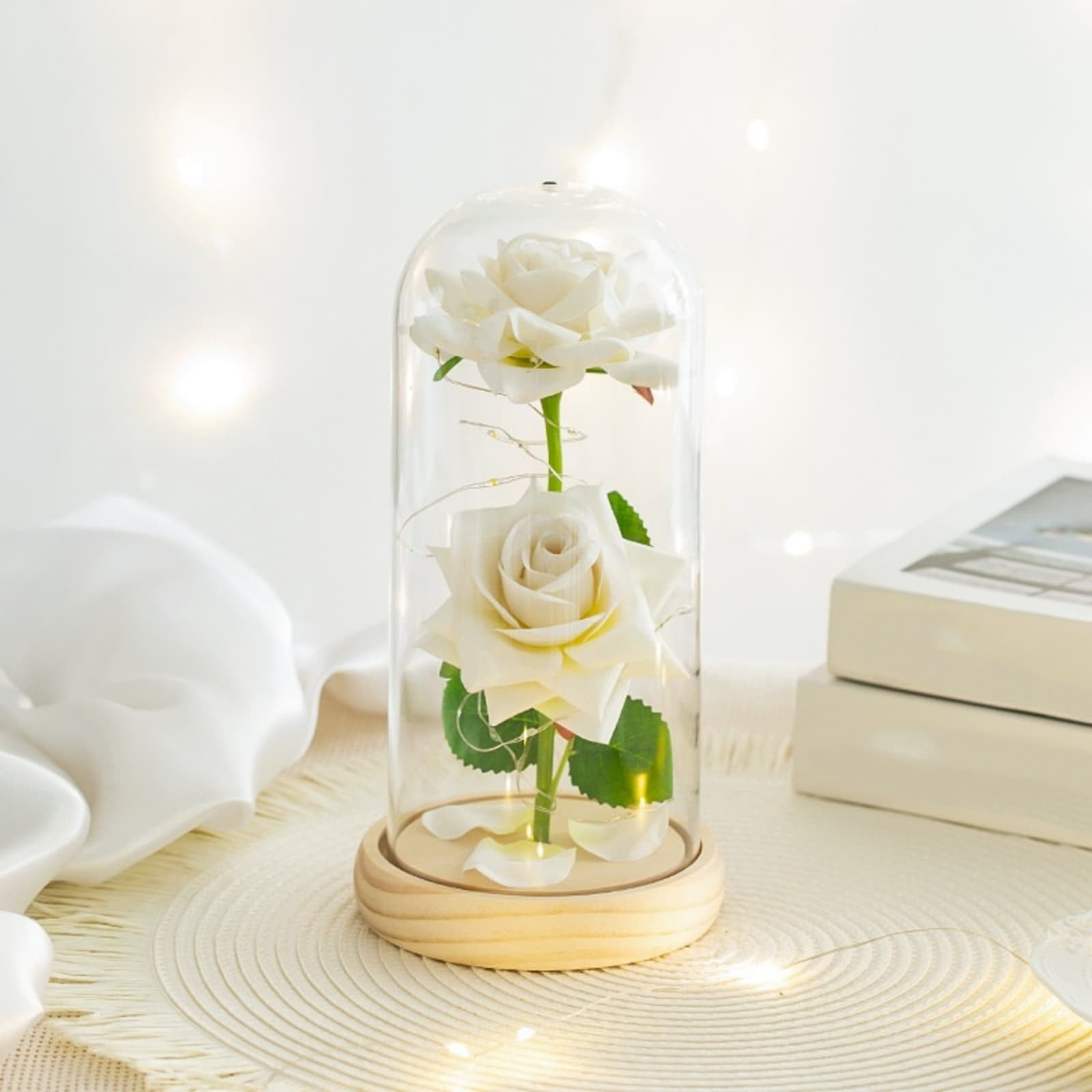 Preserved Rose Night Light in Glass / Dome - LED Light Up Eternal Rose ...