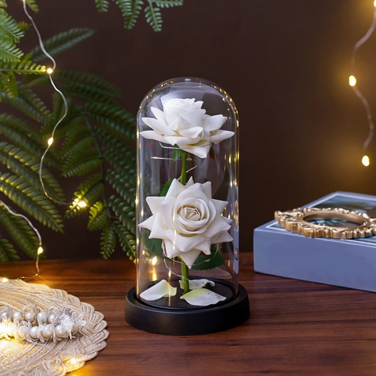 Preserved Rose Night Light in Glass / Dome - LED Light Up Eternal Rose ...