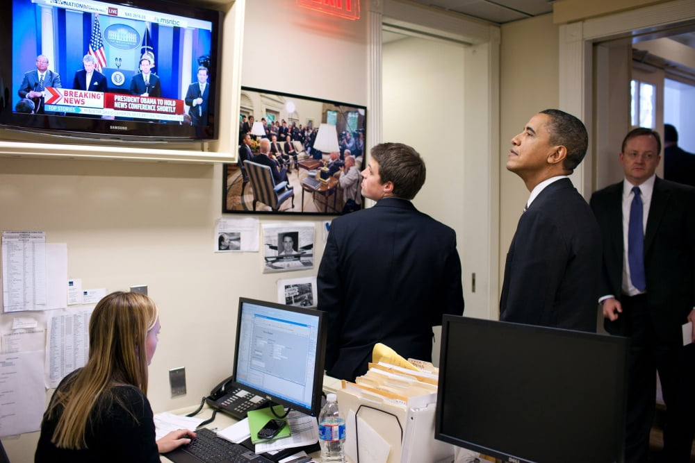 President Barack Obama Watches Msnbc Coverage Of His News Conference As ...