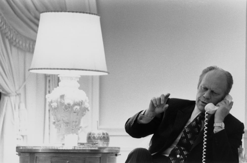 President Gerald Ford In The Second Floor Residence Speaking By ...
