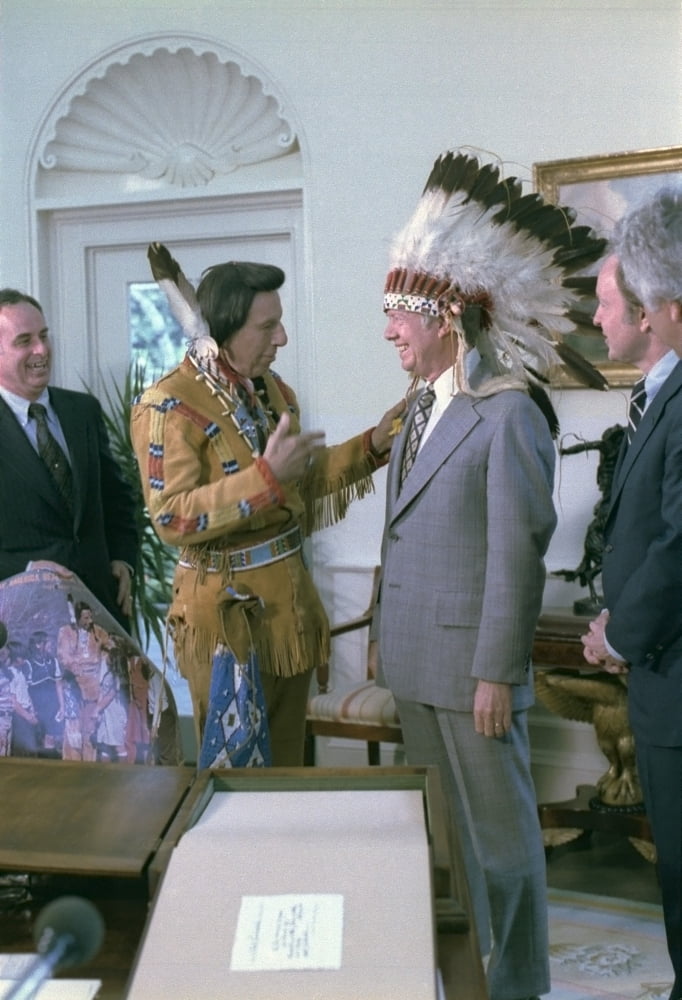 President Jimmy Carter Wearing A Feathered Headdress Presented To Him ...