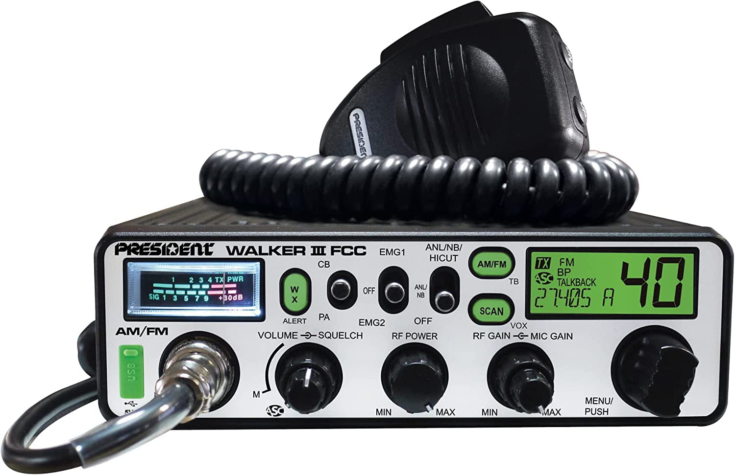 President Walker III Mobile FCC 40-Channel CB Radio w/ USB Charging, Weather Channel, Mic Gain ...