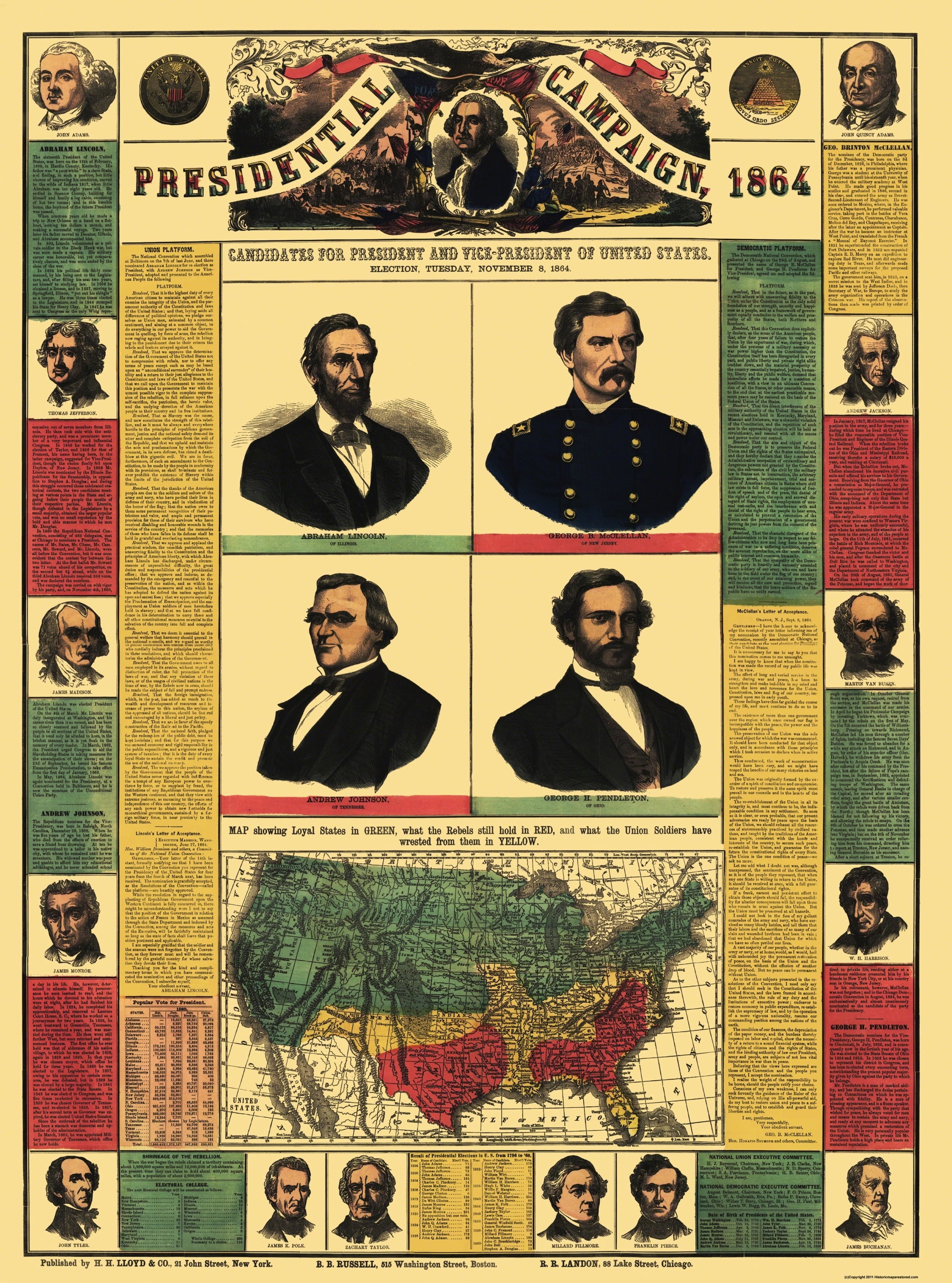 Historic State Map - Presidential Campaign - Lloyd 1864 - 23 x 31 ...