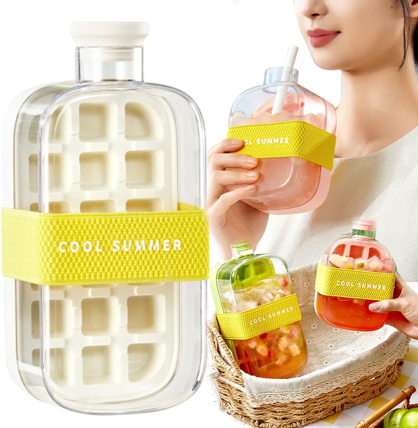 Press to Cold Ice Cube Mold Kettle, 2 in 1 Touch-Free Flexible Ice Cube Bottle, Silicone Ice Pop ...