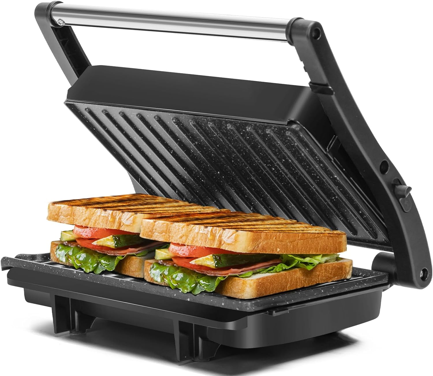 Press Grill, 1000W Sandwich Maker with Ceramic Non- Plates, Opens 180 ...