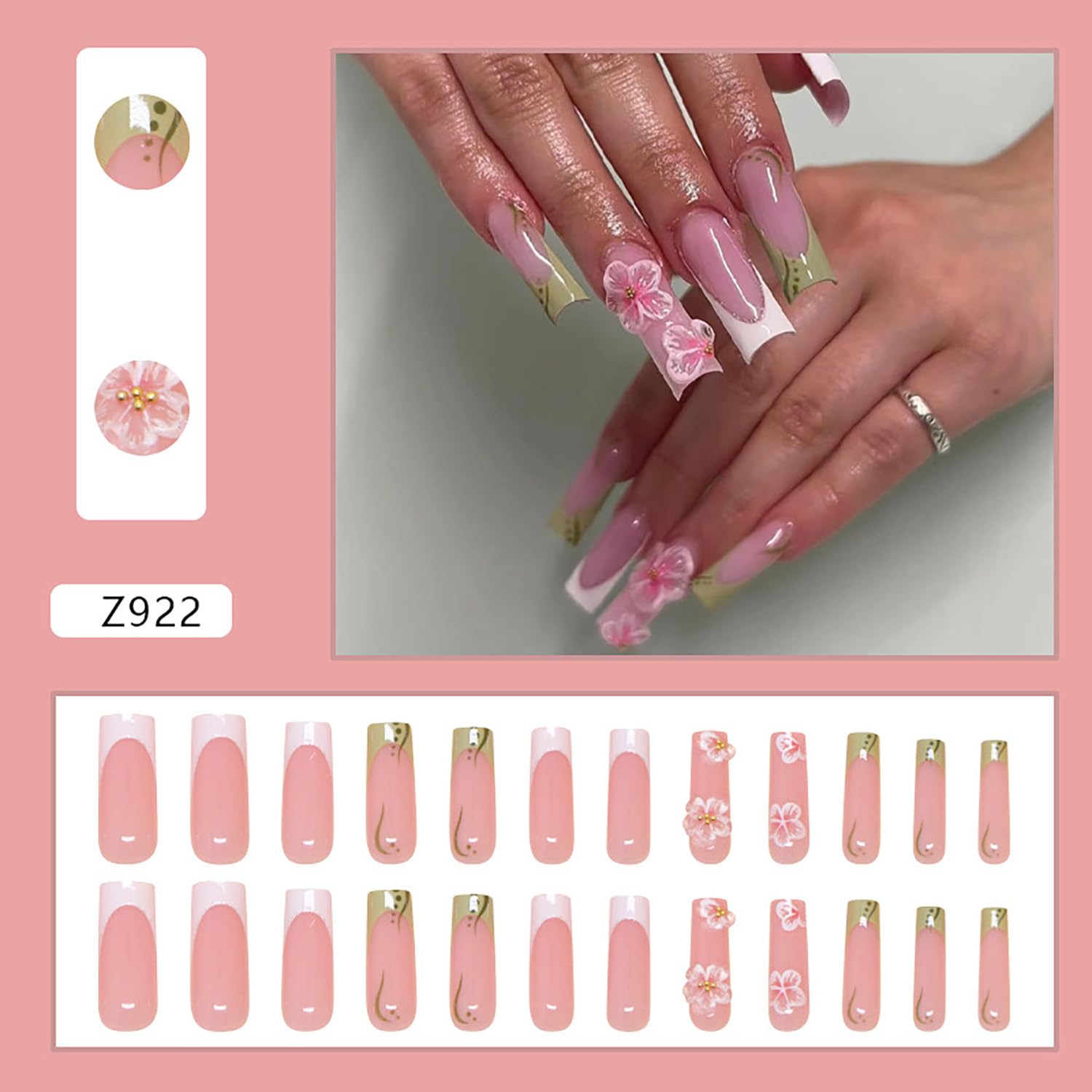 Press on Long Nails Coffin Shaped Acrylic Glossy Full Cover Long Square ...