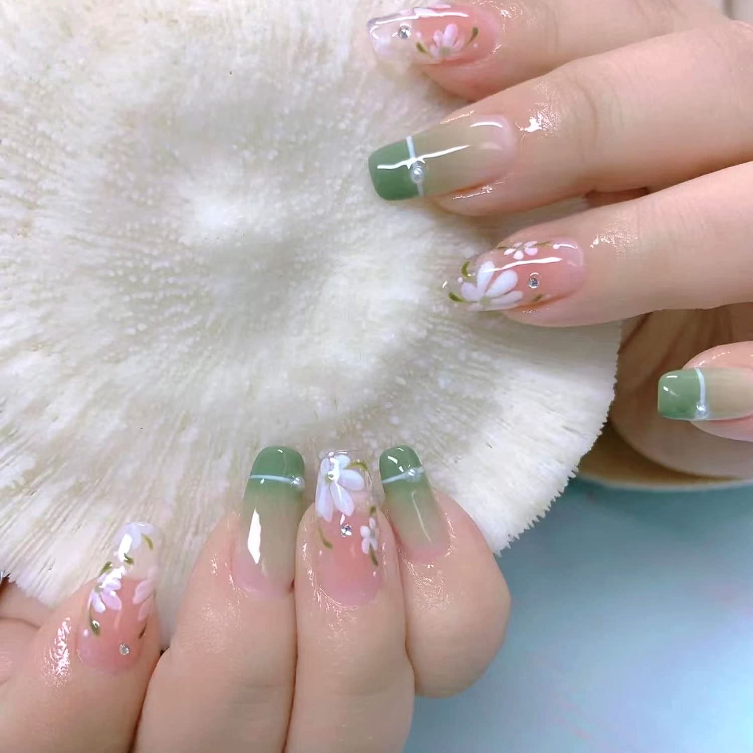 Press on Nail Fake Nail Green Flower with Silver Pearl Design for Women ...