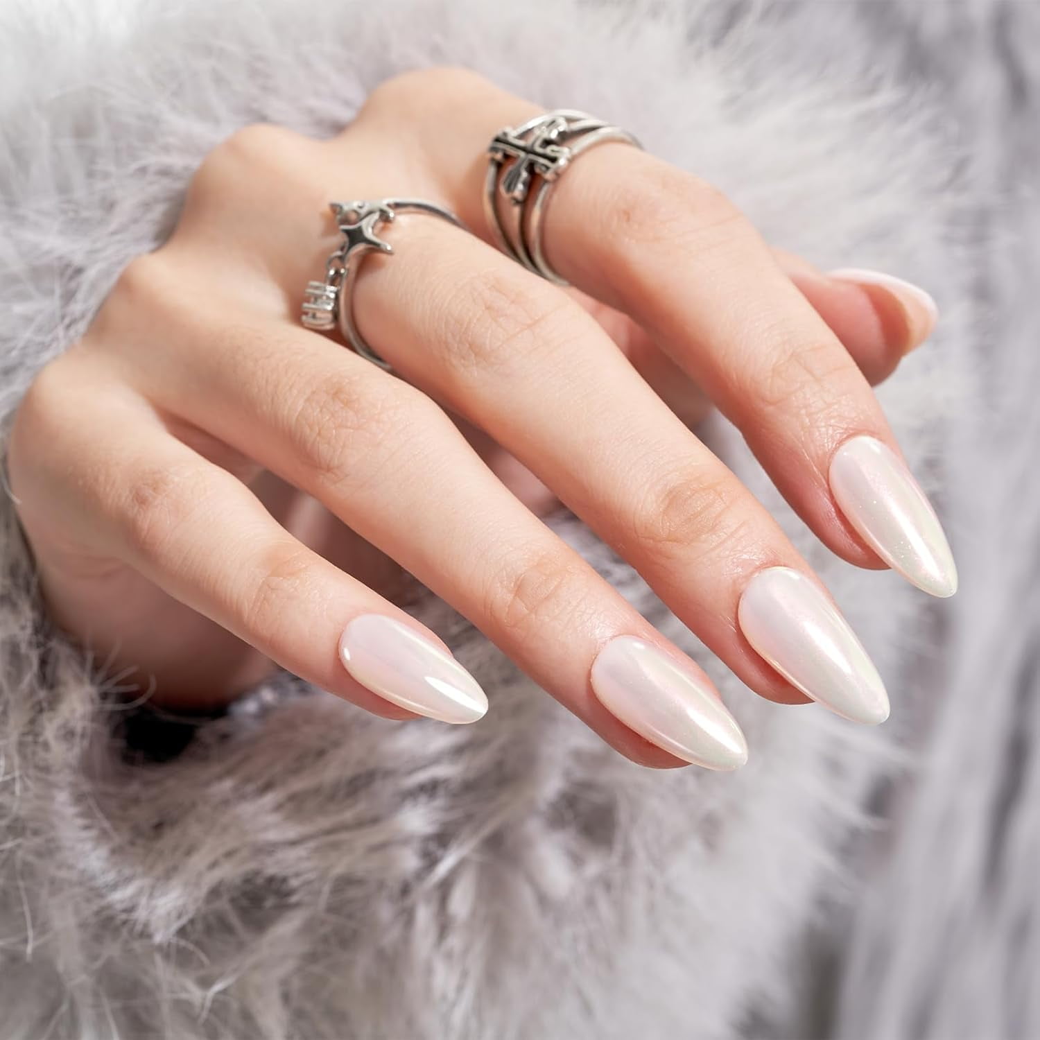 Press on Nails Almond, Beige Magic Mirror Effect Fake Nails, White ...