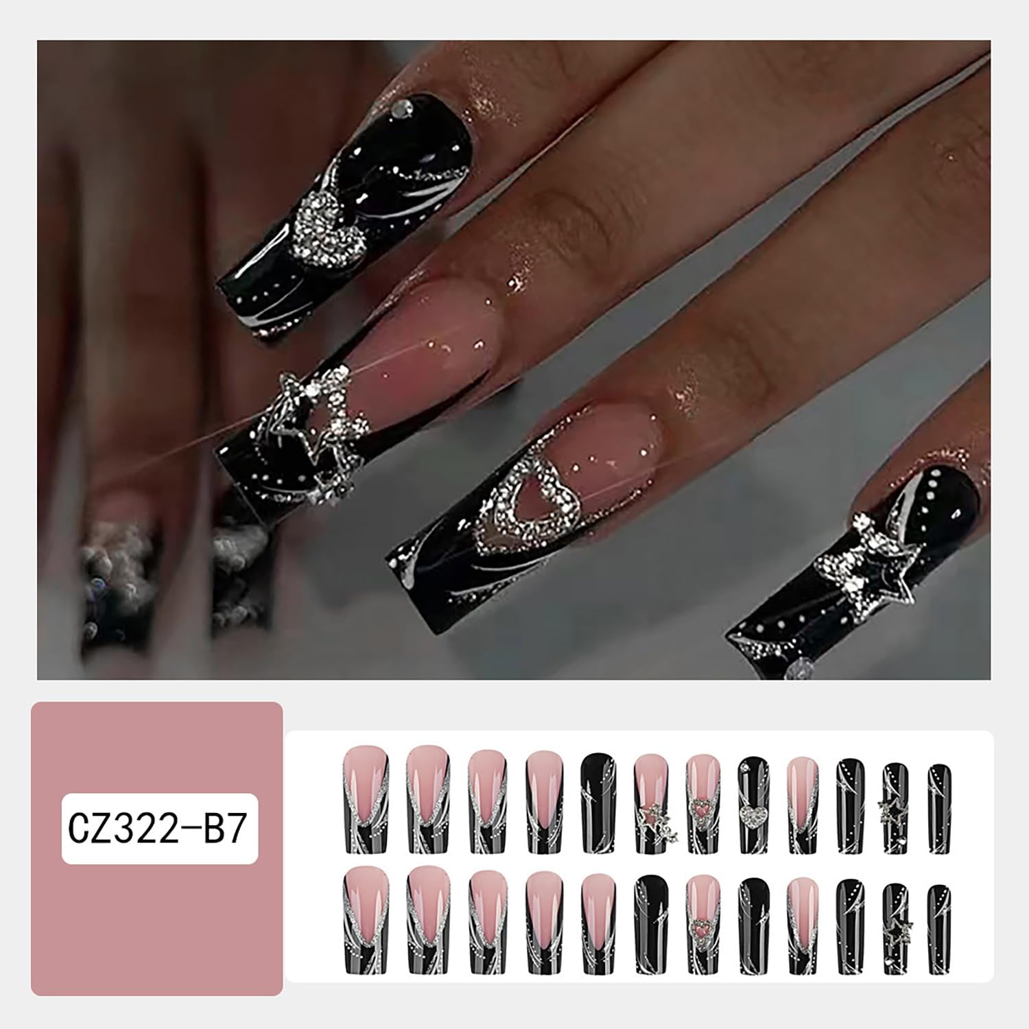 Press on Nails Coffin Long Black Glossy Full Cover Acrylic Square ...