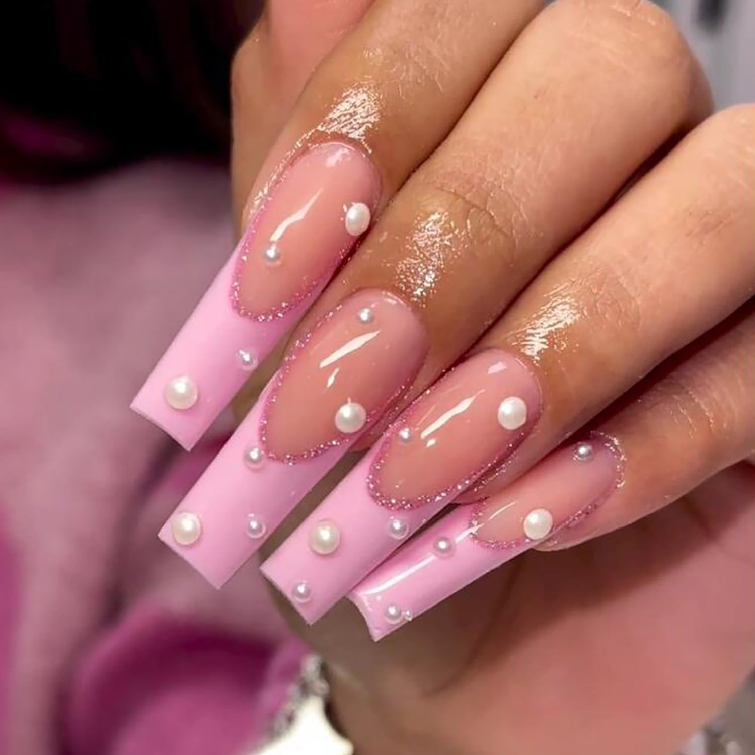 Press on Nails Coffin Long French Tips Pink Glossy Full Cover Acrylic ...