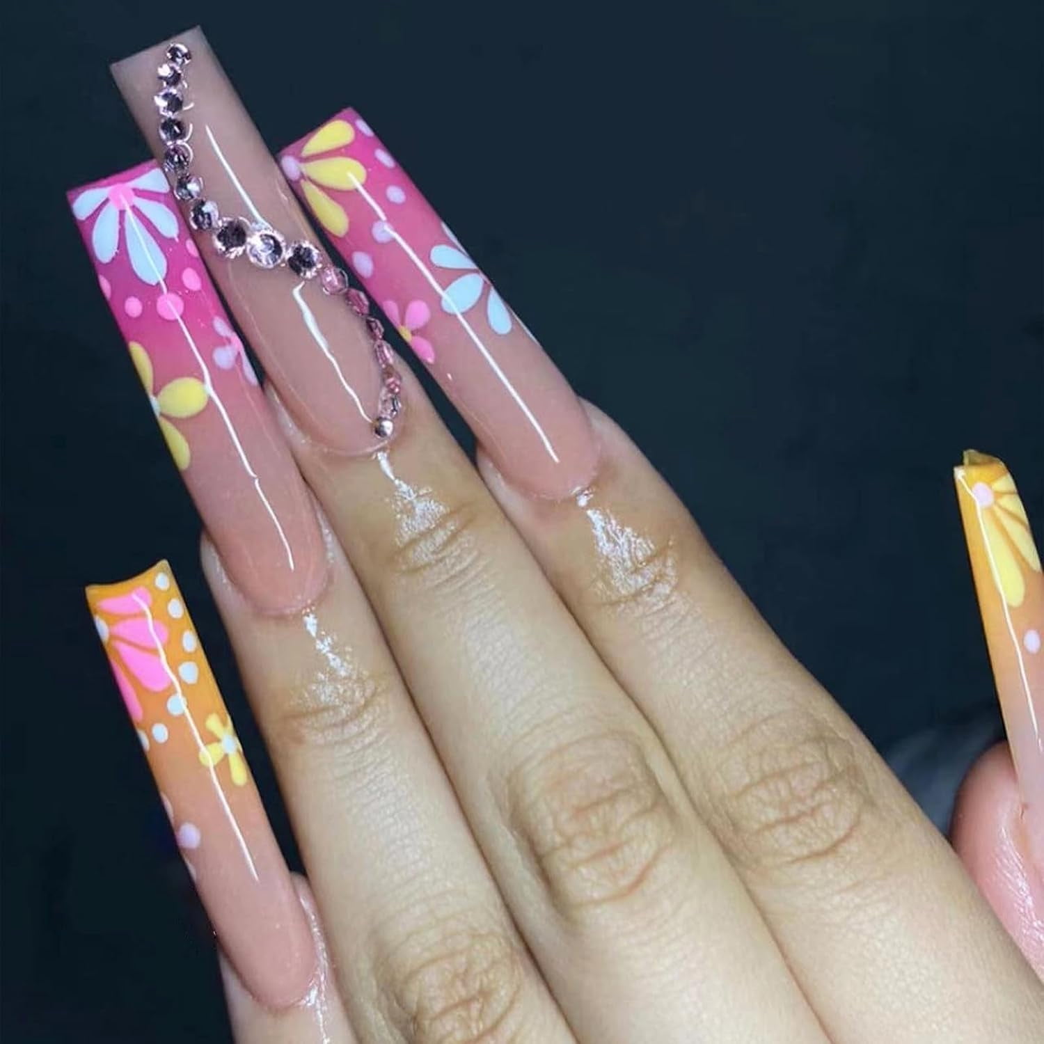 Press on Nails Extra Long Square Fake Nails Glossy Glue on Nails Pink ...