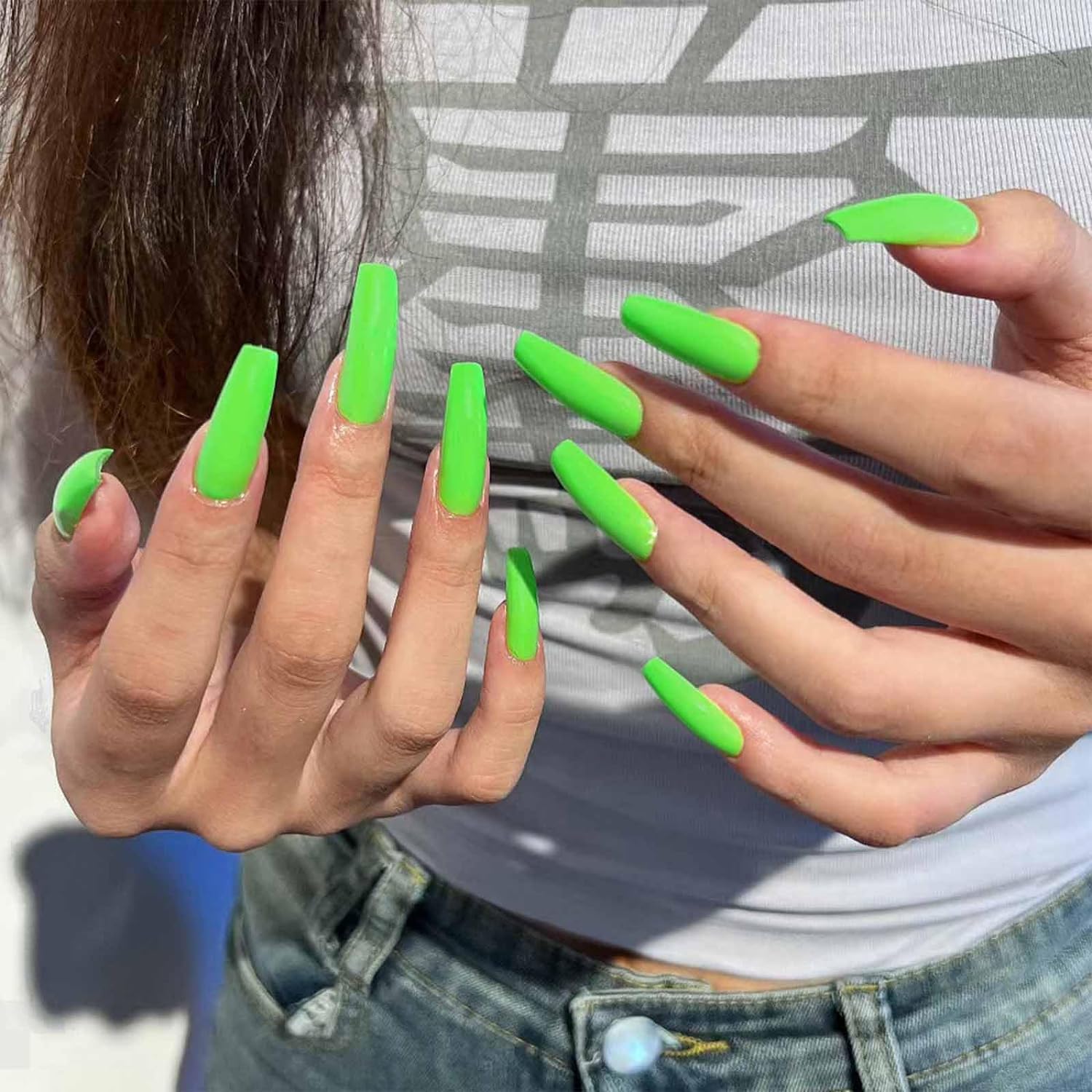 Press on Nails Long Coffin Fake Nails Matte Green Acrylic False Nails ...