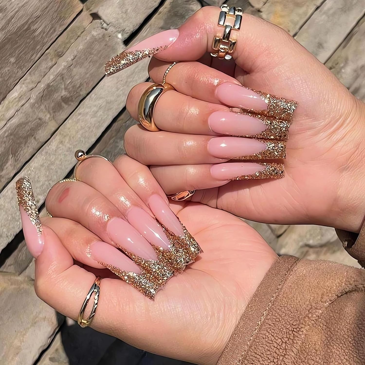 Press on Nails Long Square Fake Nails Glossy Glue on Nails French Ti p ...