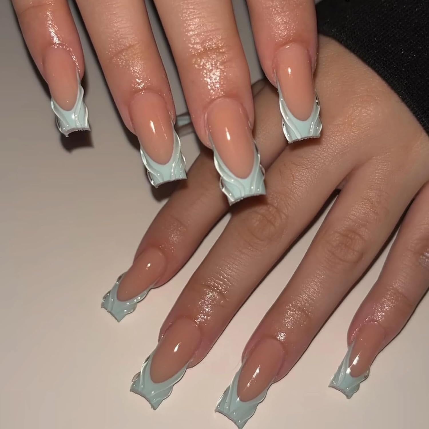 Press on Nails Long Square Fake Nails Glossy Glue on Nails Summer Blue ...